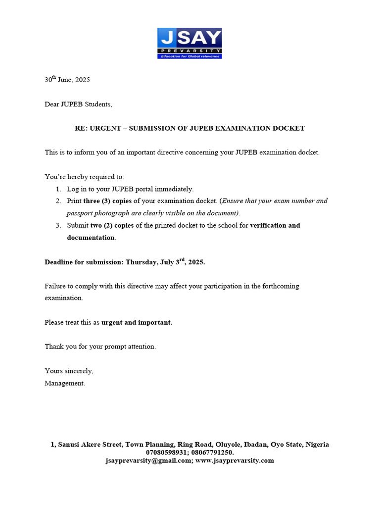 JUPEB Exam Docket Submission Notice | PDF
