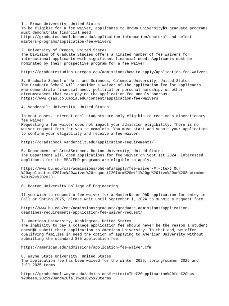 20 US Schools With Application Waiver | PDF