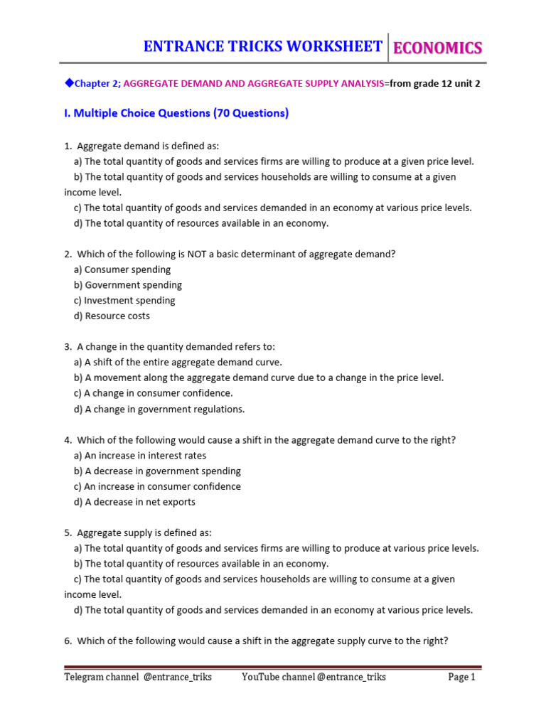 Aggregate Demand and Aggregate Supply Analysis Worksheet | PDF ...