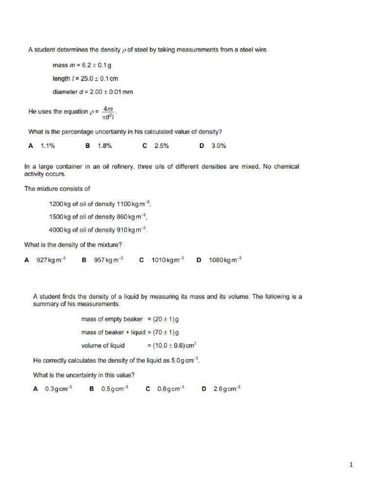 AS Physics Density Questions & Answers | PDF
