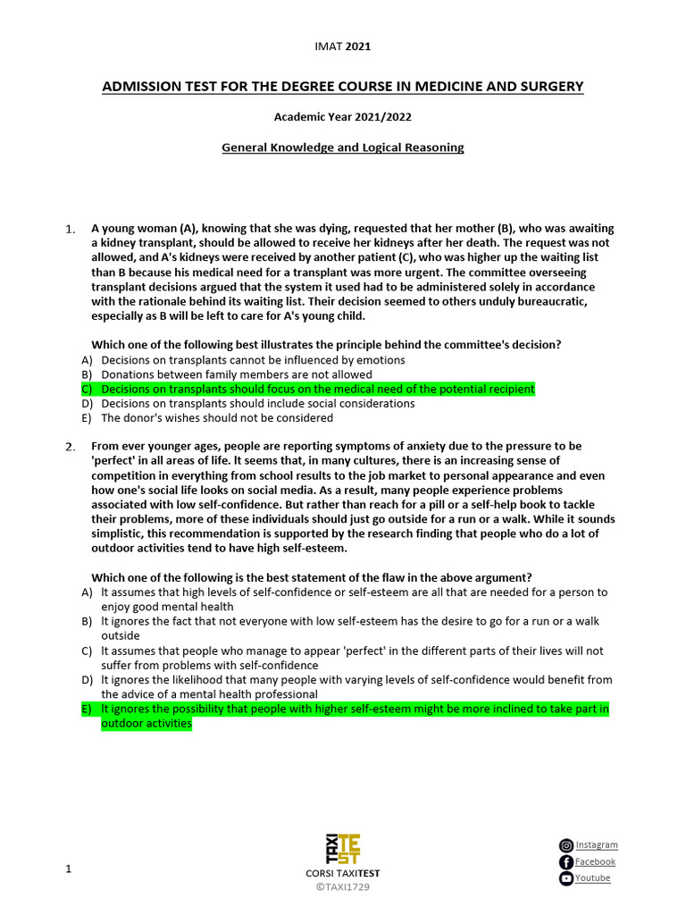 IMAT 2021 Test Questions and Answers | PDF | Gene | Organ Transplantation