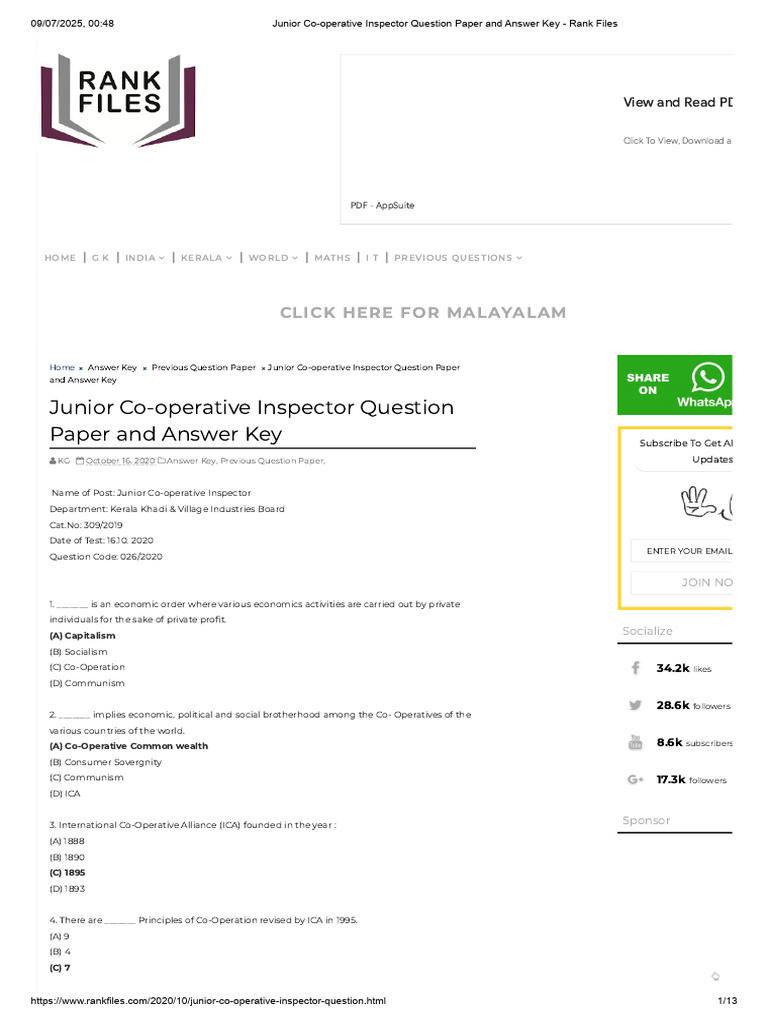 Junior Co-operative Inspector Exam Paper | PDF | Banks | Cooperative