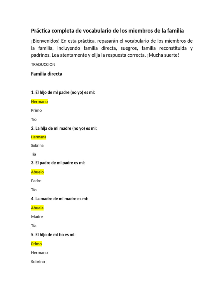Práctica Completa de Vocabulario de Los Miembros de La Familia | PDF ...