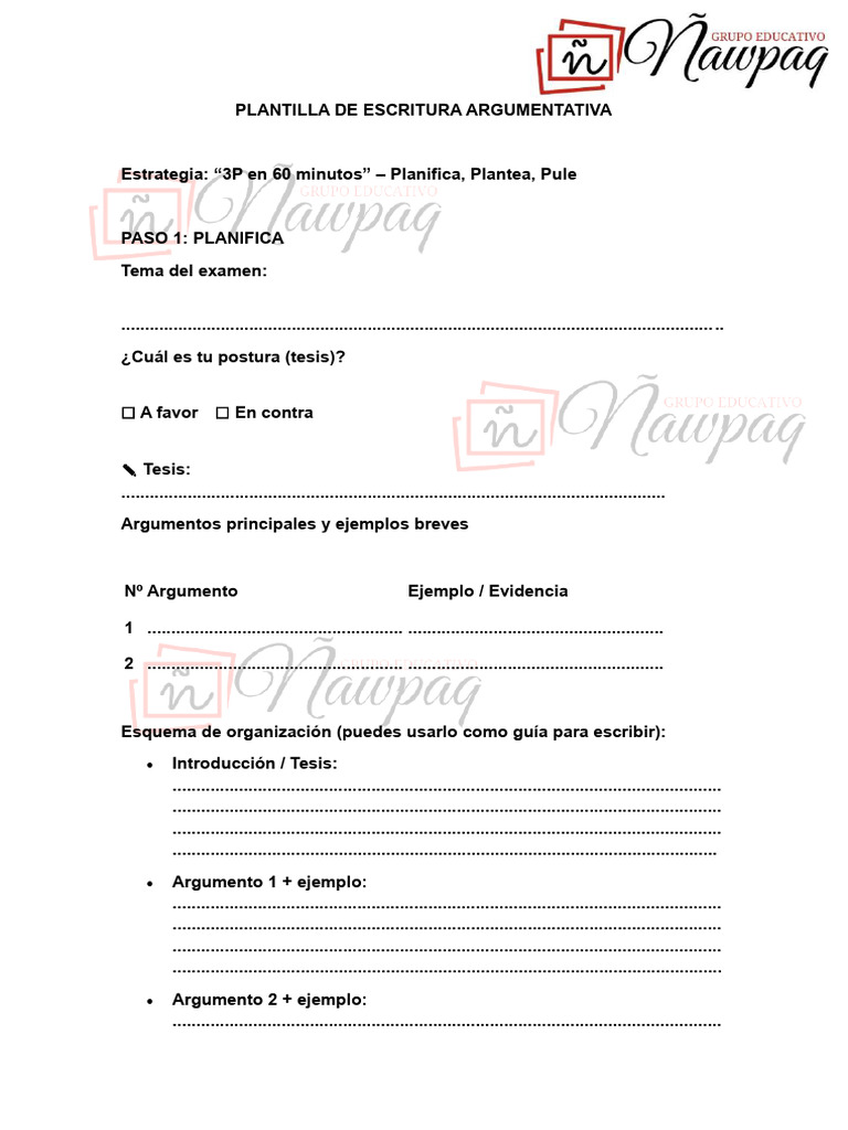 Plantilla para Escritura Argumentativa | PDF