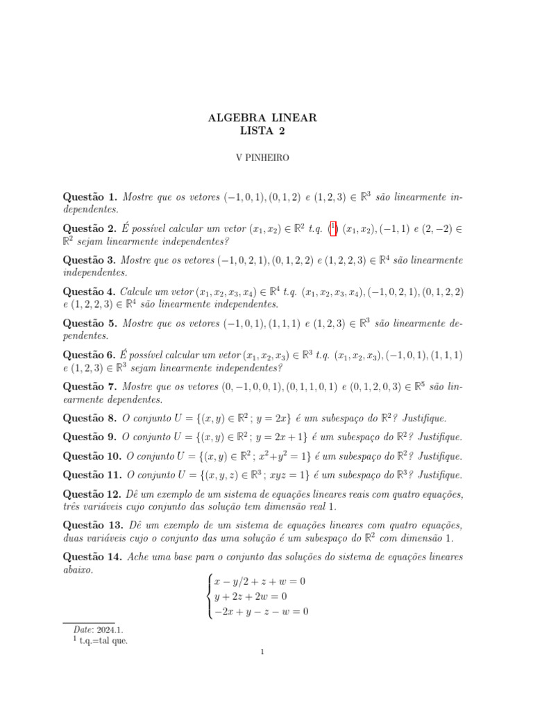 Lista de Exercicios 2 Algebra Linear 2024 | PDF | Álgebra | Álgebra linear