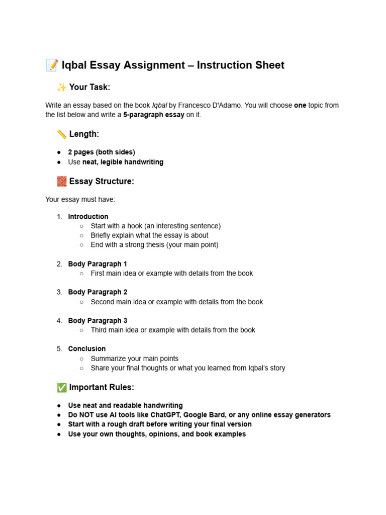 ? Iqbal Essay Assignment - Instruction Sheet | PDF