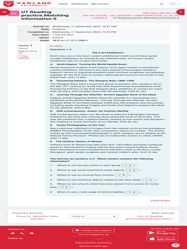 U7.Reading Practice - Matching Information 0 Attempt Review | PDF | The Arts