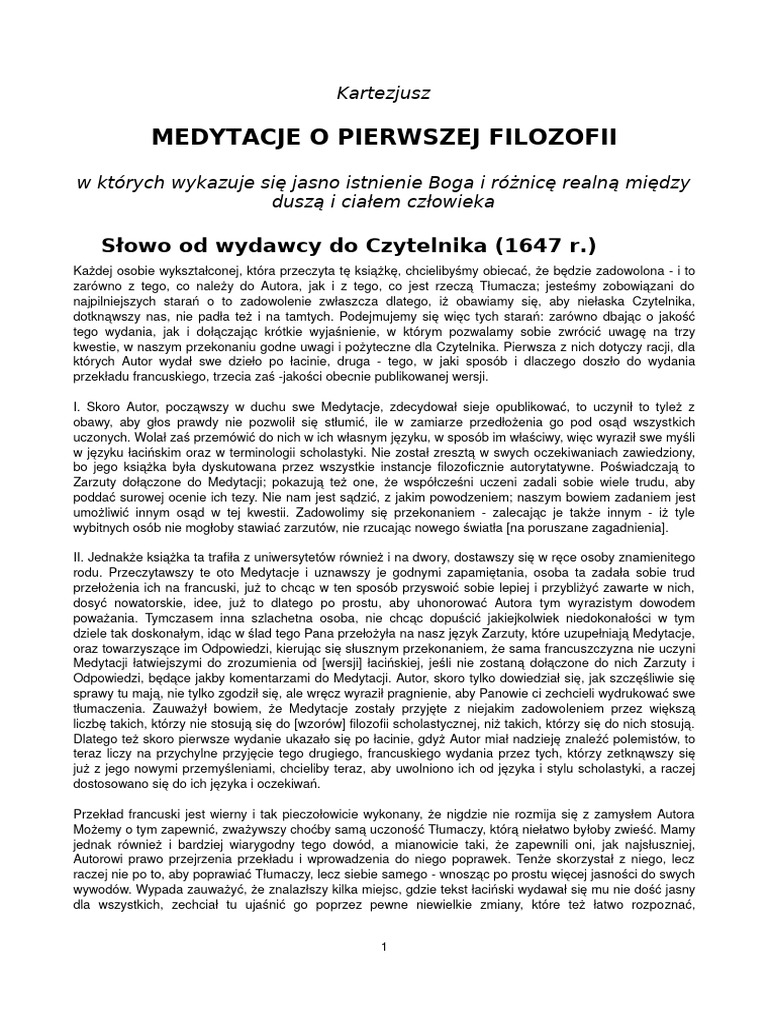 Rene Descartes-Medytacje o Filozofii Pierwszej | PDF