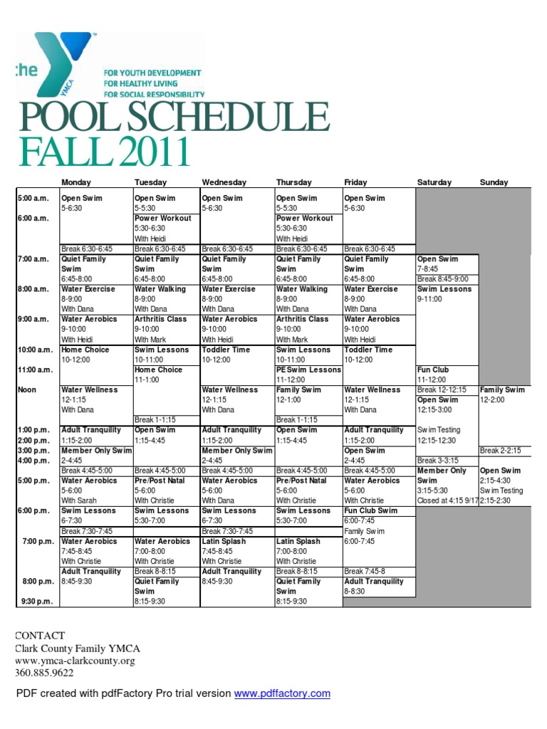 Pool Schedule Fall 11 | PDF | Swimming Pool | Human Swimming