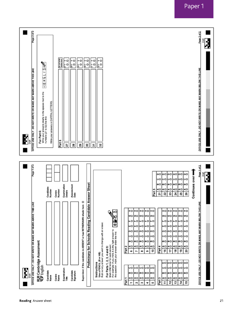 Cambridge b1 Reading Candidates Answer Sheet | PDF