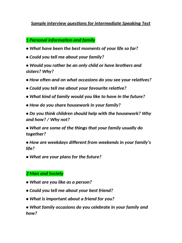 Intermediate Speaking Test (ORAL) | PDF