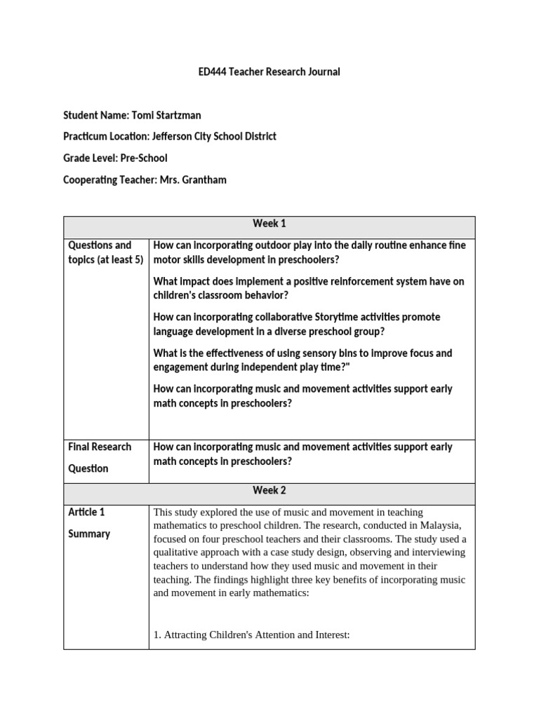 ED444 Teacher Research Journal Tomi Startzman (AutoRecovered) | PDF ...