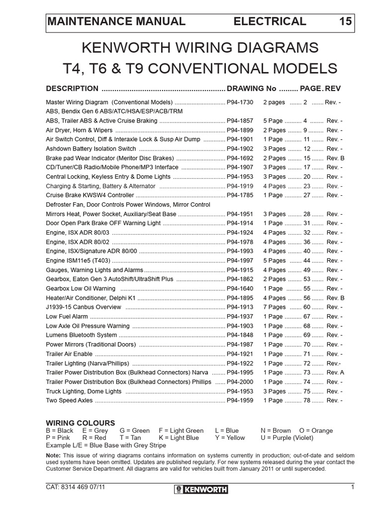 Kenworth T4, T6 & T9 Conventional Models Wiring Diagrams | PDF | Automotive Technologies ...