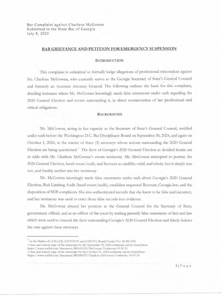Georgia Bar Grievance McGowan 07-08-2025 | PDF