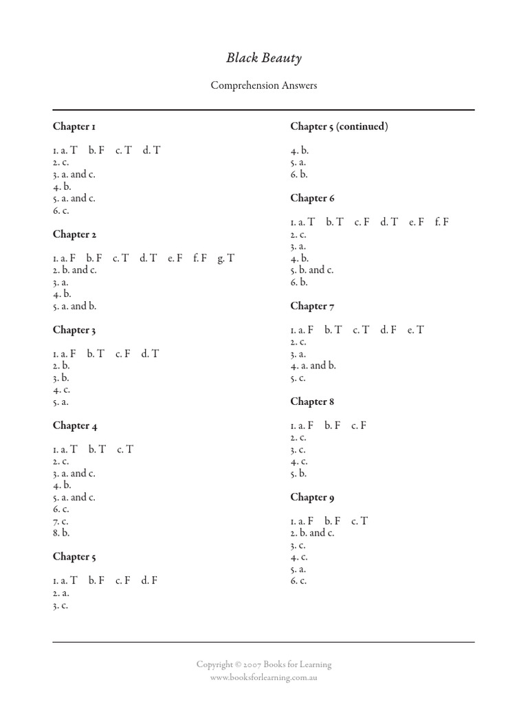 Black Beauty Comprehension Answers | PDF