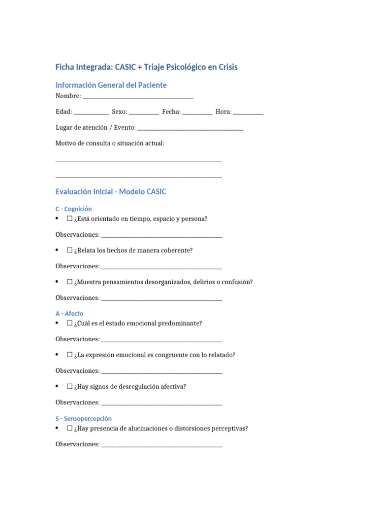 Ficha Integrada CASIC Triaje | PDF | Las emociones | Sicología