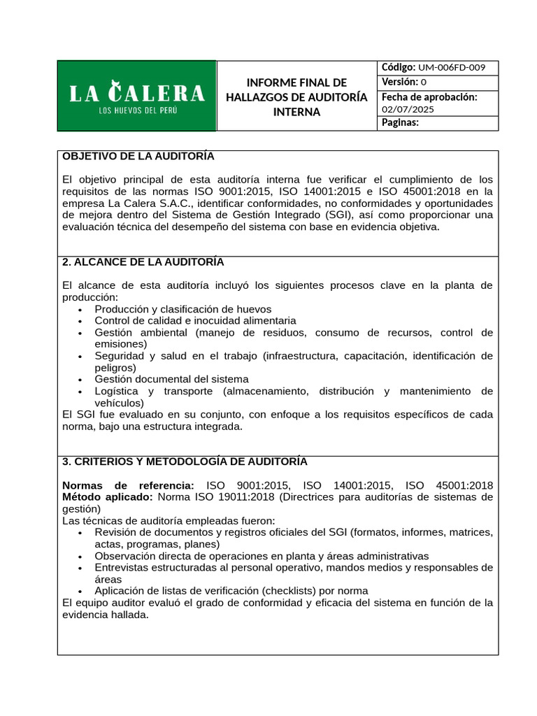 Informe Final de Hallazgos de Auditoría Interna | PDF | Auditoría | Seguridad y salud ocupacional