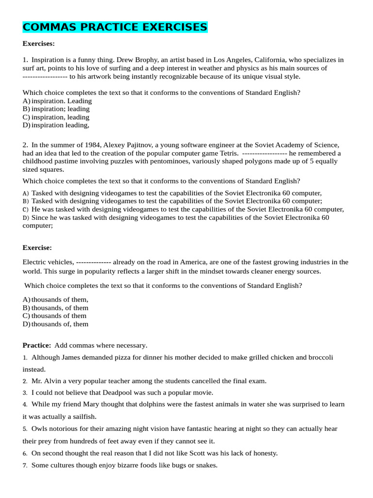 Comma Usage Practice Exercises | PDF | Paintings