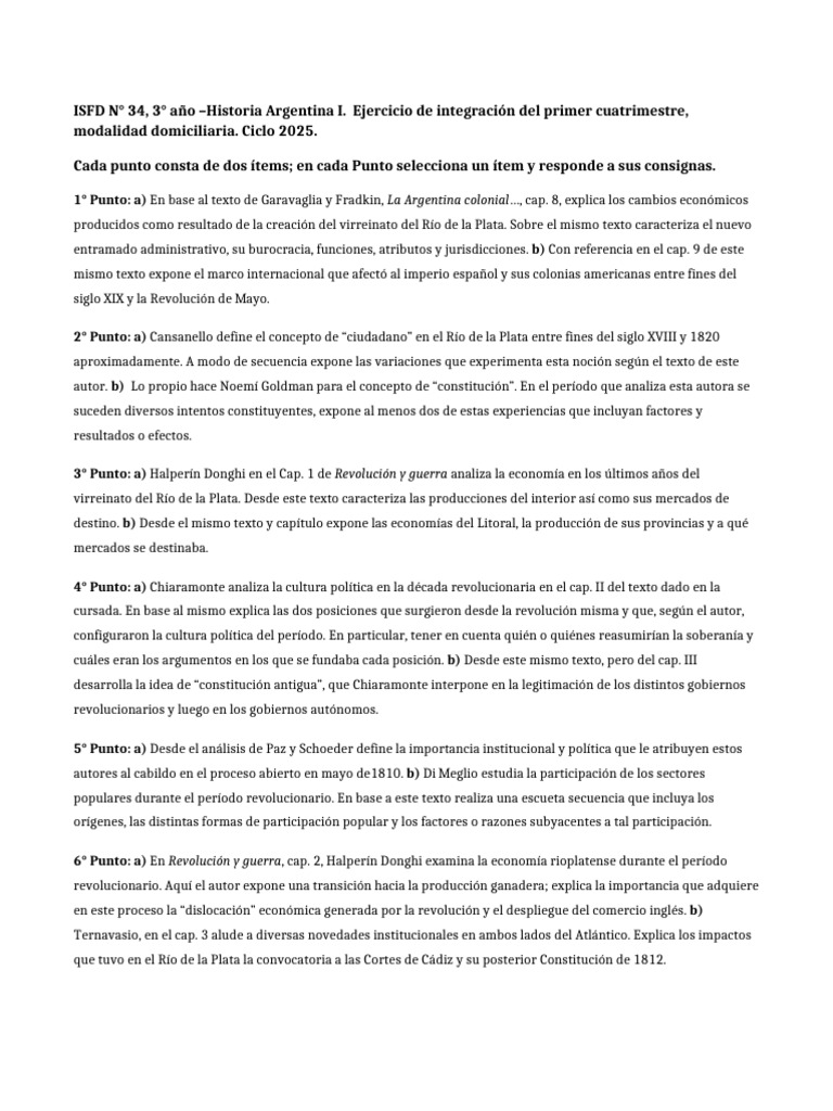 Parcial Domiciliario Historia Argentina 1 Cuatr 2025 | PDF