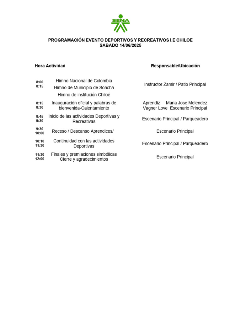 Programación Evento Deportivos y Recreativos I.E Chiloe | PDF