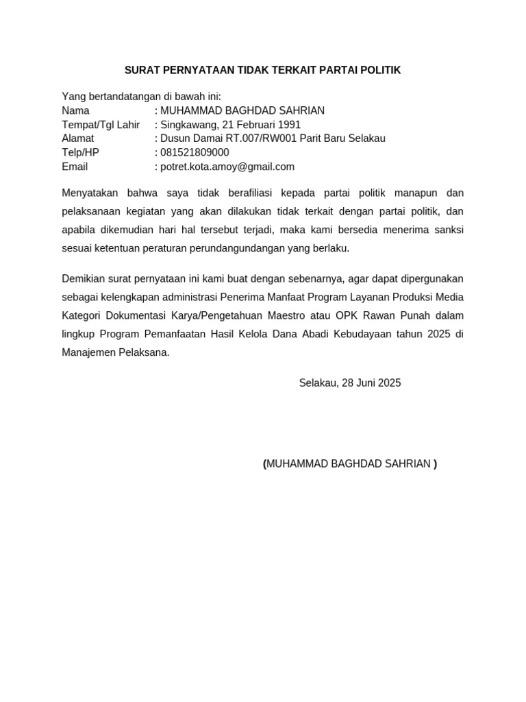 Surat Pernyataan Tidak Terkait Partai Politik | PDF