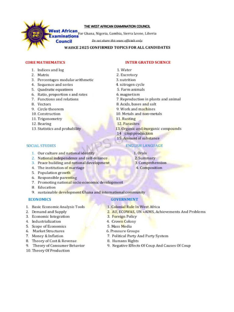 WASSCE 2025 Selected Topics | PDF