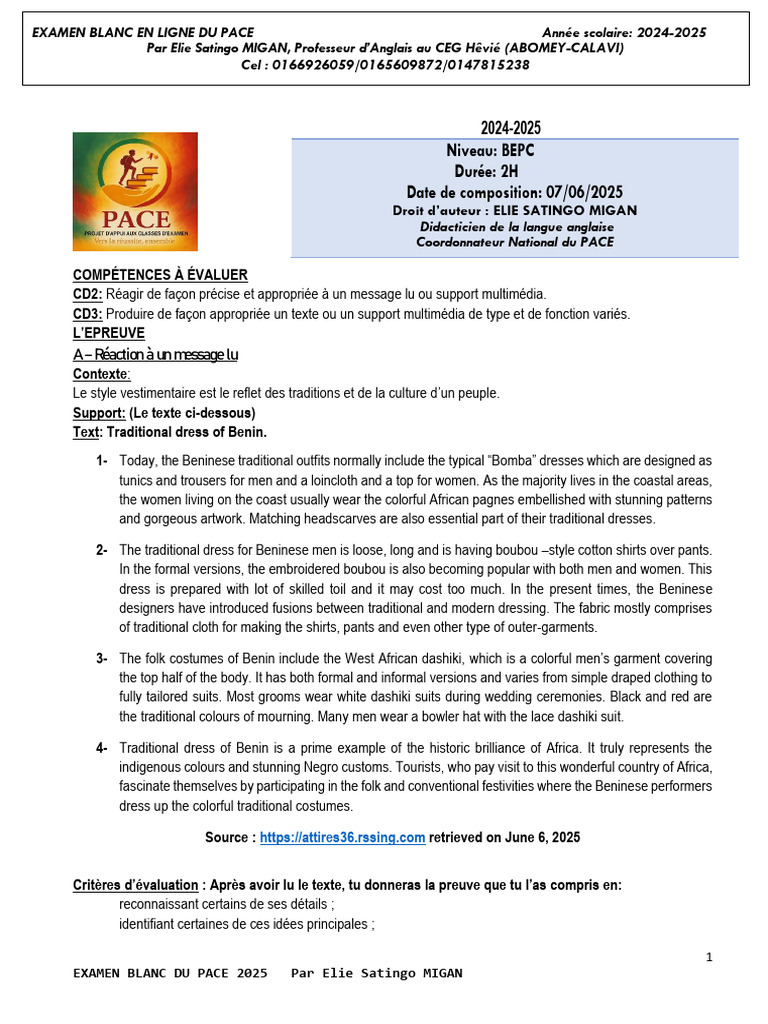 BEPC 2025 Exam on Beninese Traditions | PDF | Fashion | Softlines (Retail)