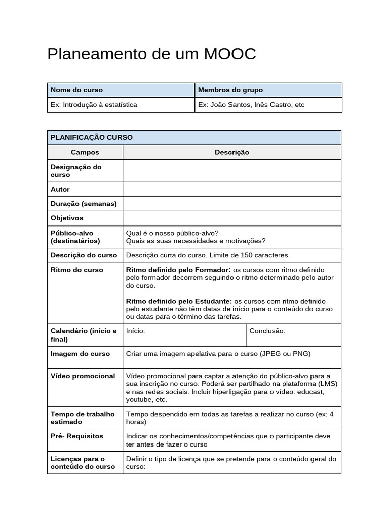 Template - Planeamento de Um MOOC | PDF | MOOC | Aprendizado