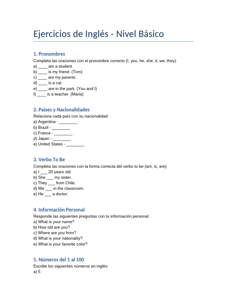 Ejercicios Ingles Basico | PDF