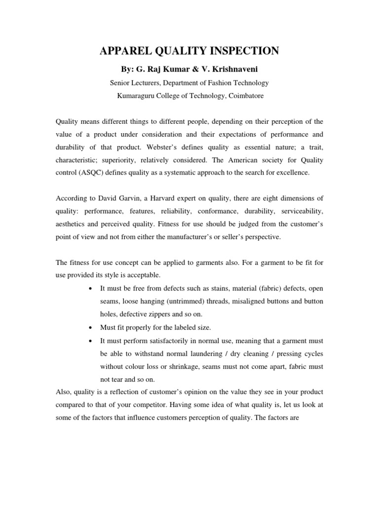 Apparel Quality Inspection: By: G. Raj Kumar & V. Krishnaveni | PDF ...