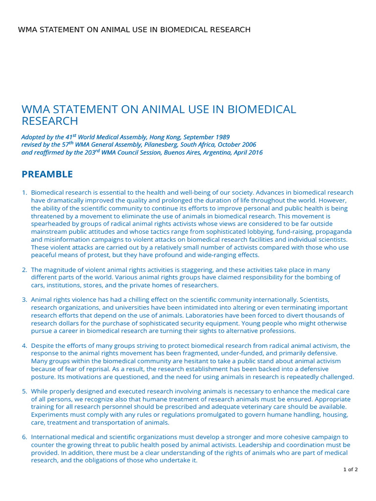 WMA Statement on Animal Research Ethics | PDF