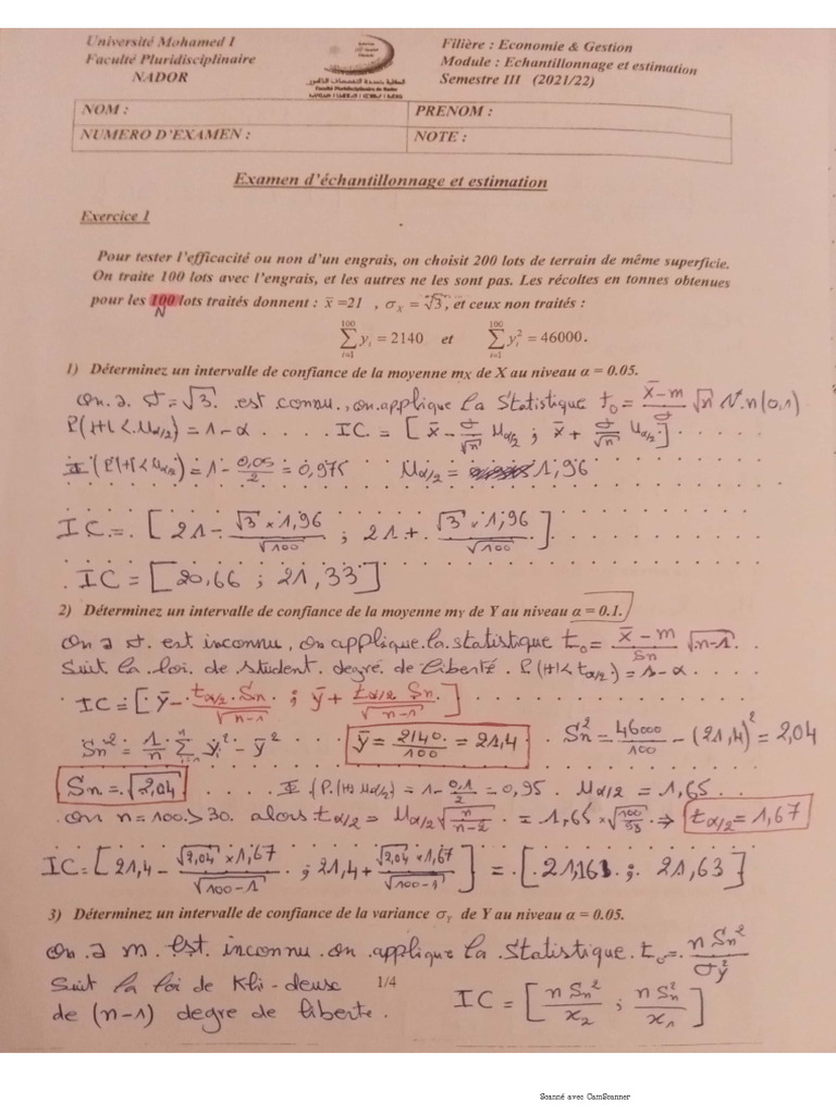 Examen Échant (Exr 1) 2021-2022 | PDF