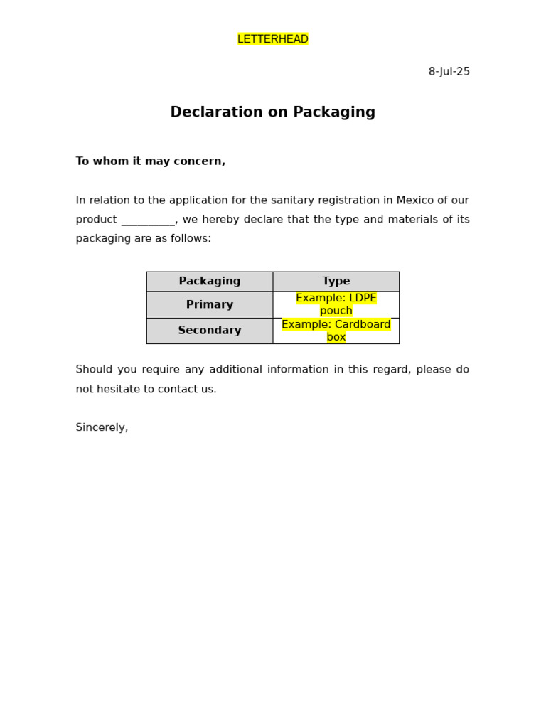 Declaration On Packaging | PDF