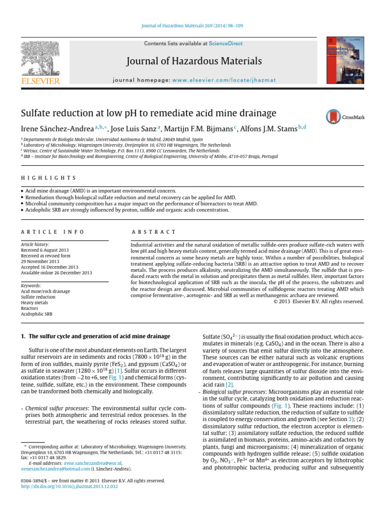 Remediation of Acid Mine Drainage via Sulfate Reduction | PDF | Sulfur ...