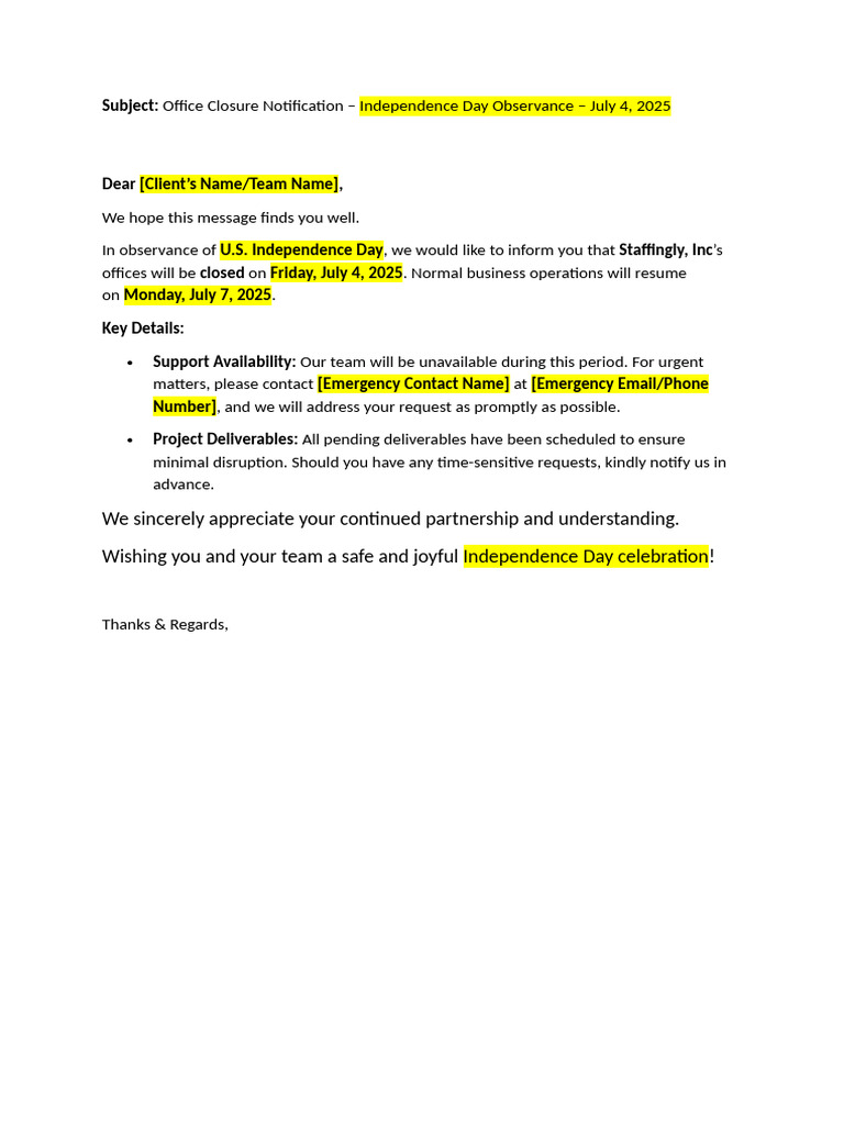 Independence Day Office Closure Notice | PDF