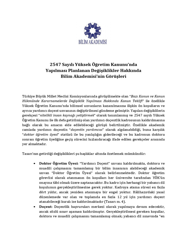 2547 Degisiklikleri Hakkinda Bilim Akademisi Gorusu Subat 2018 | PDF