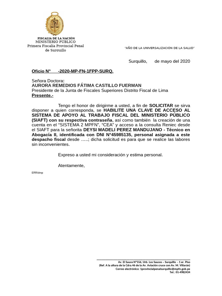Oficio para PEDIR SIAFT PARA DEYSI Y NOLA y Roxana | PDF | Perú