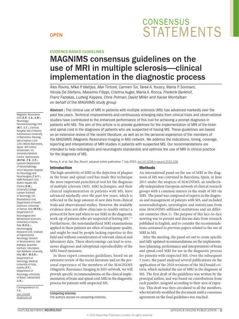 MAGNIMS Consensus Guidelines On The Use of MRI in Multiple Sclerosis | PDF | Multiple Sclerosis ...