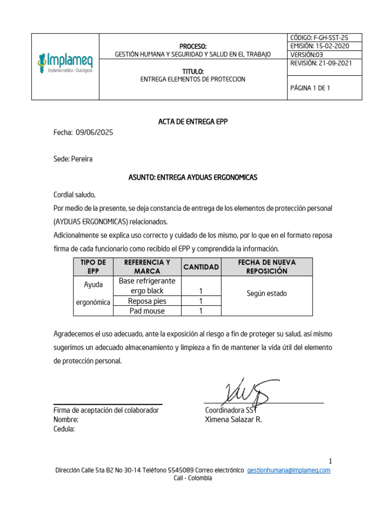 ACTA ENTREGA EPP Ayudas Ergonomicas | PDF