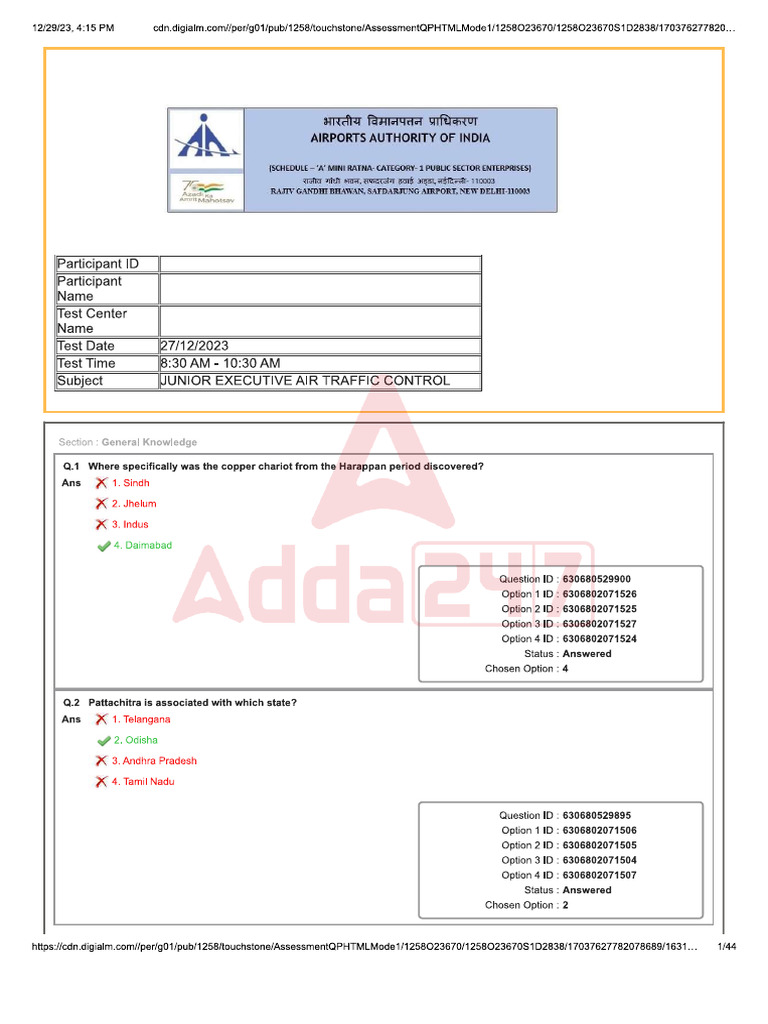 AAI ATC Question Paper 27 Dec 2023 Shift 1 | PDF