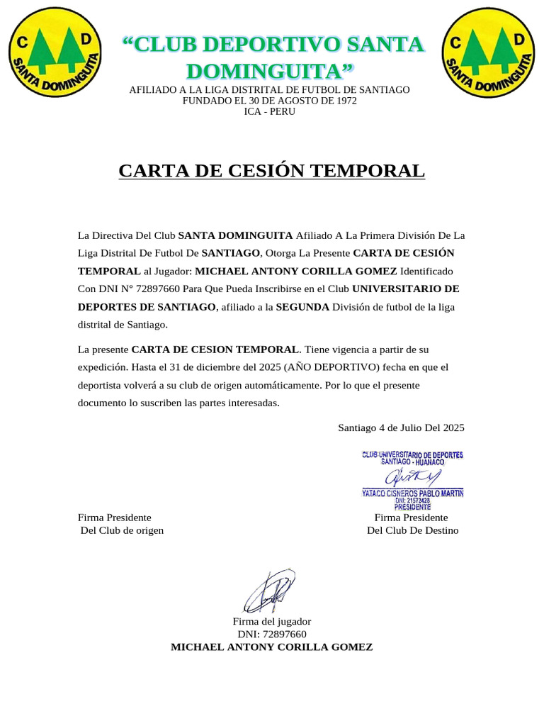 Carta de Cesión Temporal Maicol | PDF