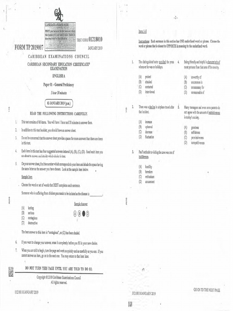CSEC English A January 2019 P1 Incomp | PDF