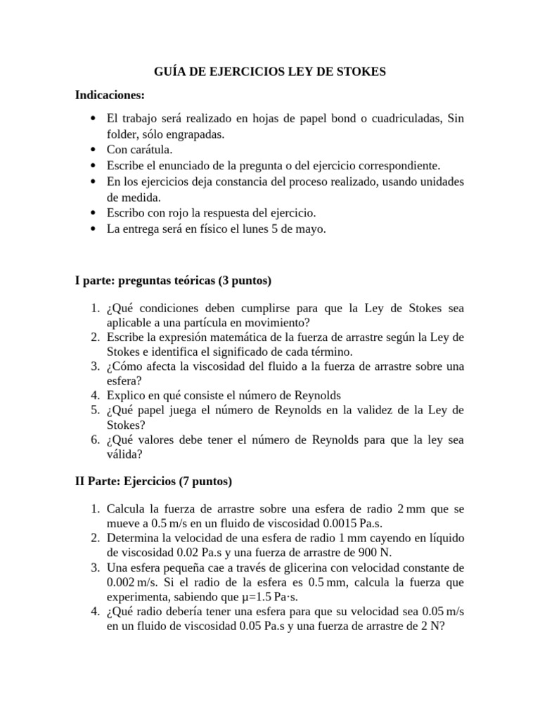 Guía de Ejercicios Ley de Stokes | PDF | Arrastrar (Física) | Viscosidad