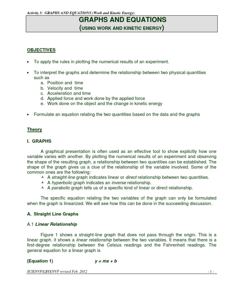 Graphs and Equations : Using Work and Kinetic Energy | PDF | Kinetic ...