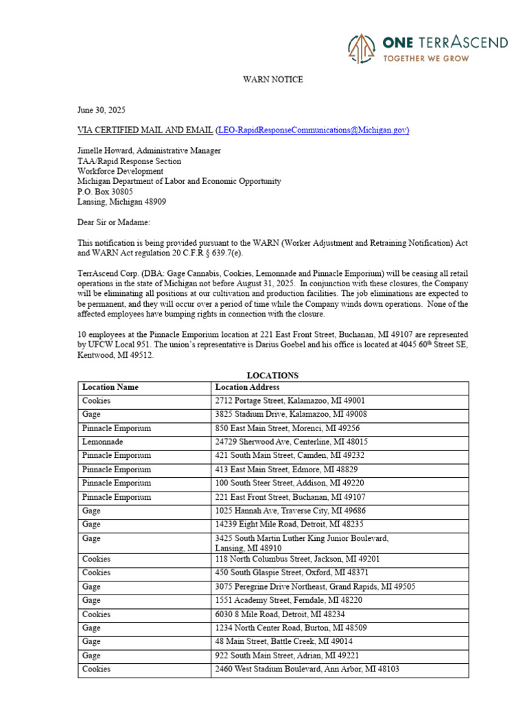 2025 06 30 WARN Notice TerrAscend | PDF | Business