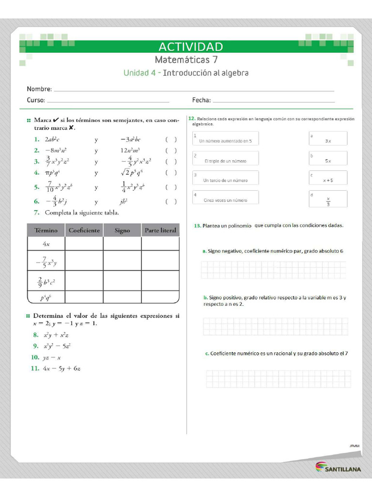 Actividad Algebra 7mo | PDF