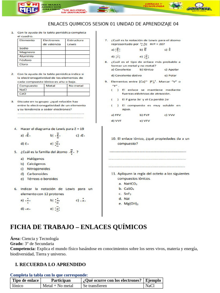Enlaces Quimicos Ejem. y Act. Ses. 01 Unidad de Aprend. 04 | PDF | Enlace químico | Valencia ...