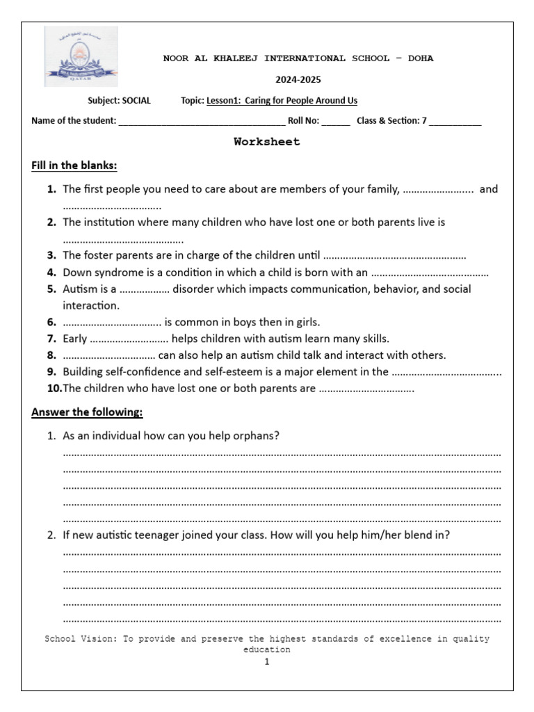 Grade 7 Worksheet Caring For People Around Us | PDF