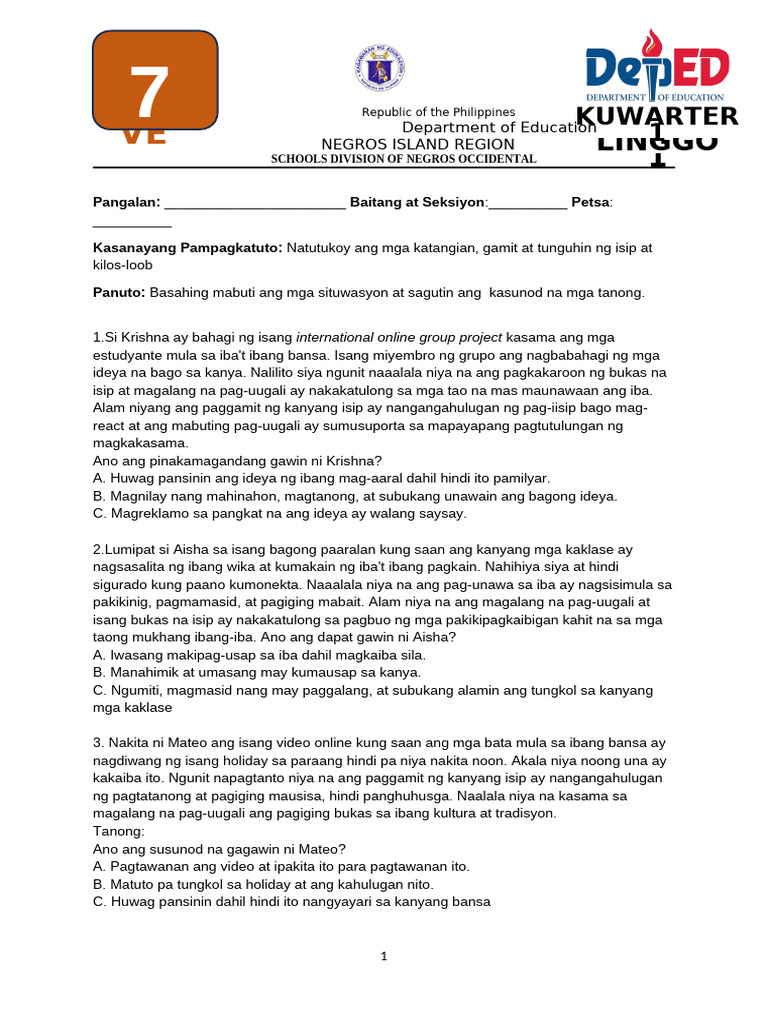 Elk - VE-GRADE - 7 - WK1 Values Education Grade 7 | PDF