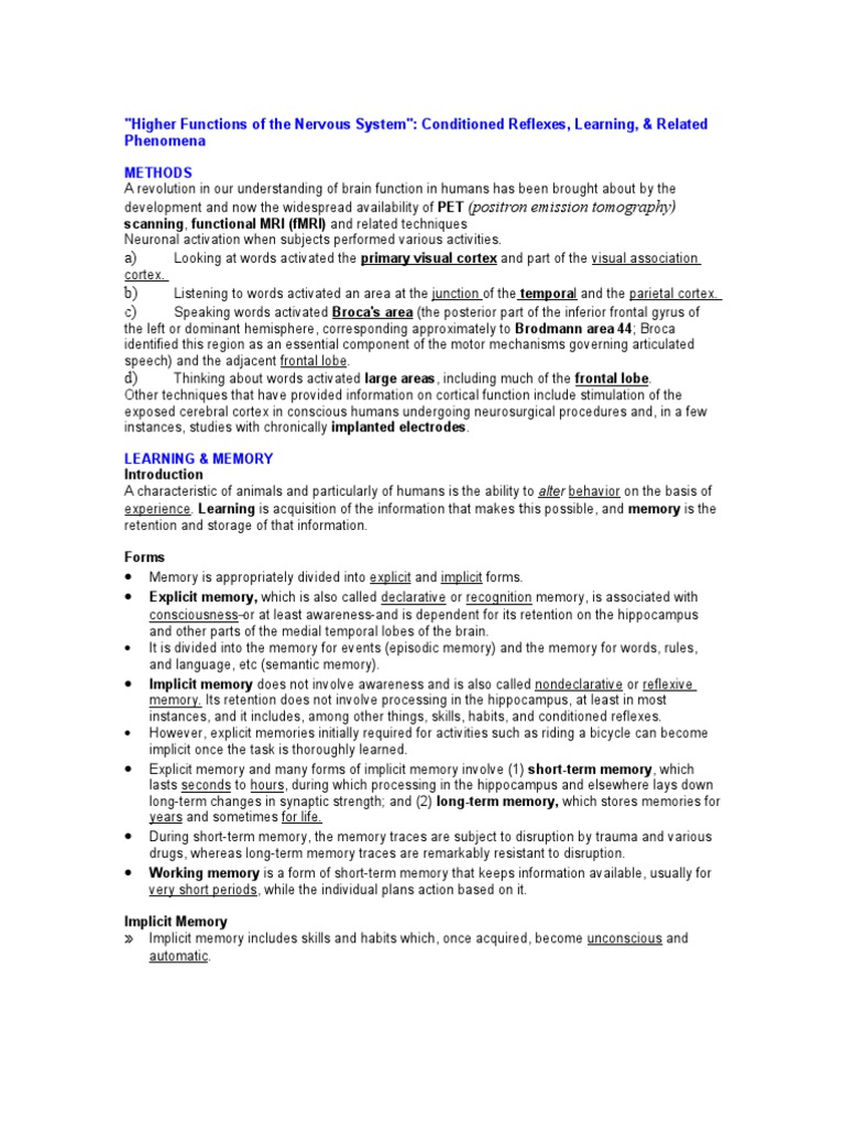 Higher Functions of The Nervous System | PDF | Classical Conditioning ...